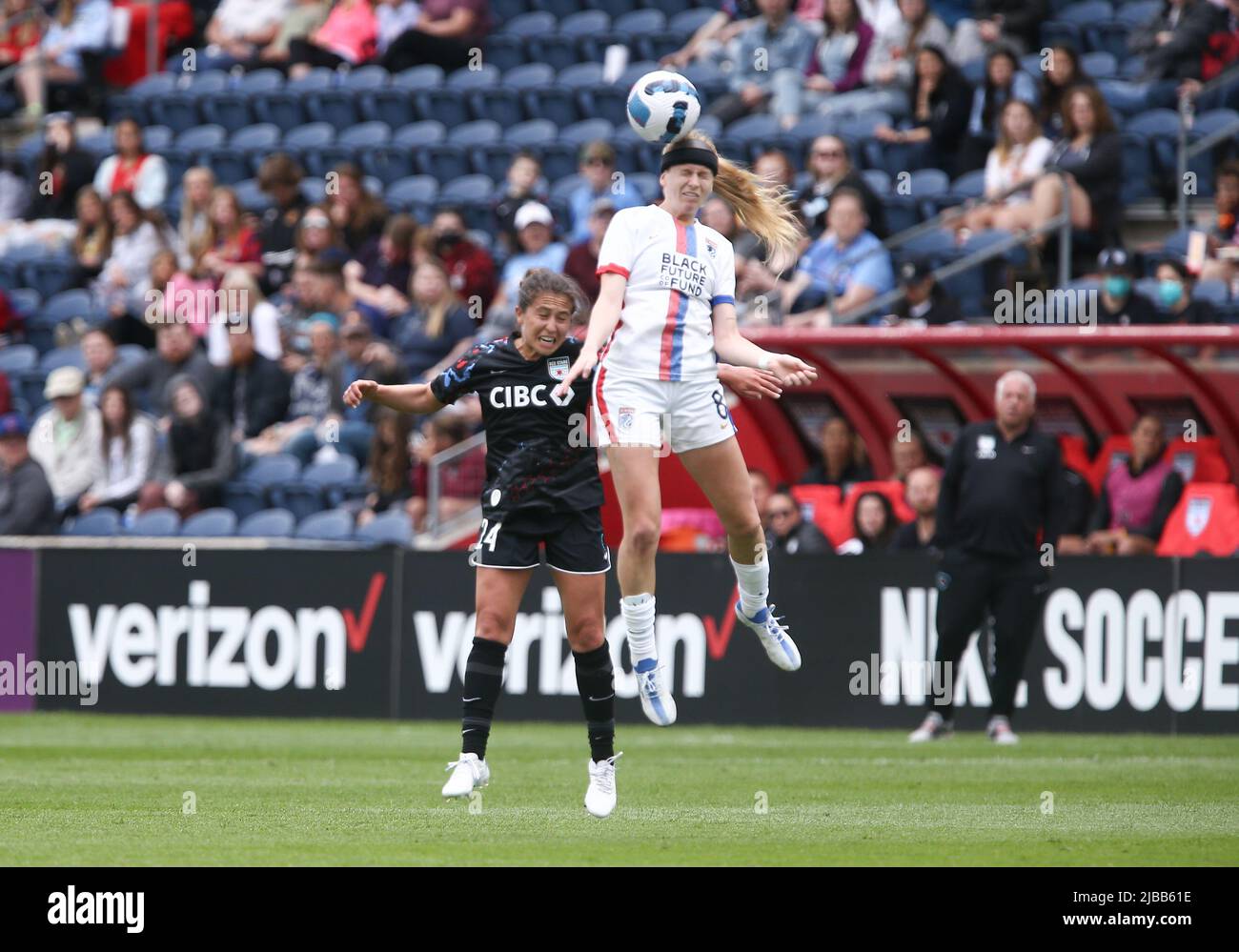 CHICAGO, IL - JUNE 04: OL Reign forward Bethany Balcer (8) jumps for ...