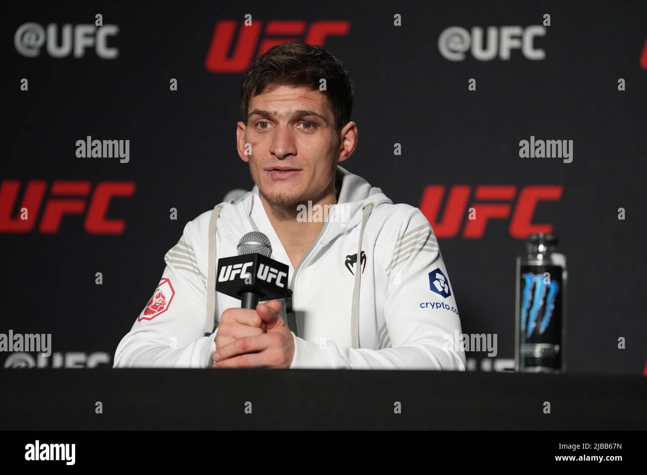 LAS VEGAS, NV - May 4: Movsar Evloev speaks with the press following ...