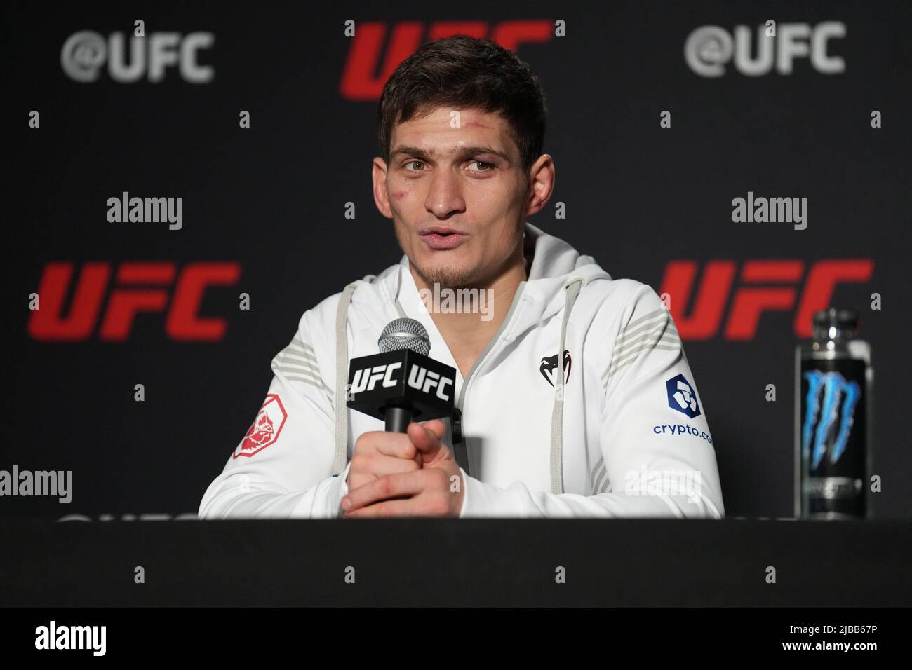 LAS VEGAS, NV - May 4: Movsar Evloev speaks with the press following ...