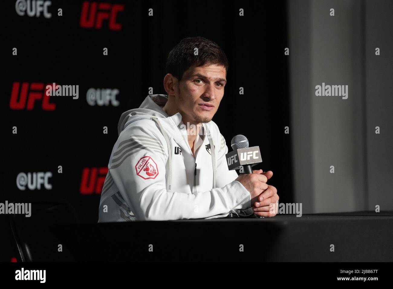 LAS VEGAS, NV - May 4: Movsar Evloev speaks with the press following ...