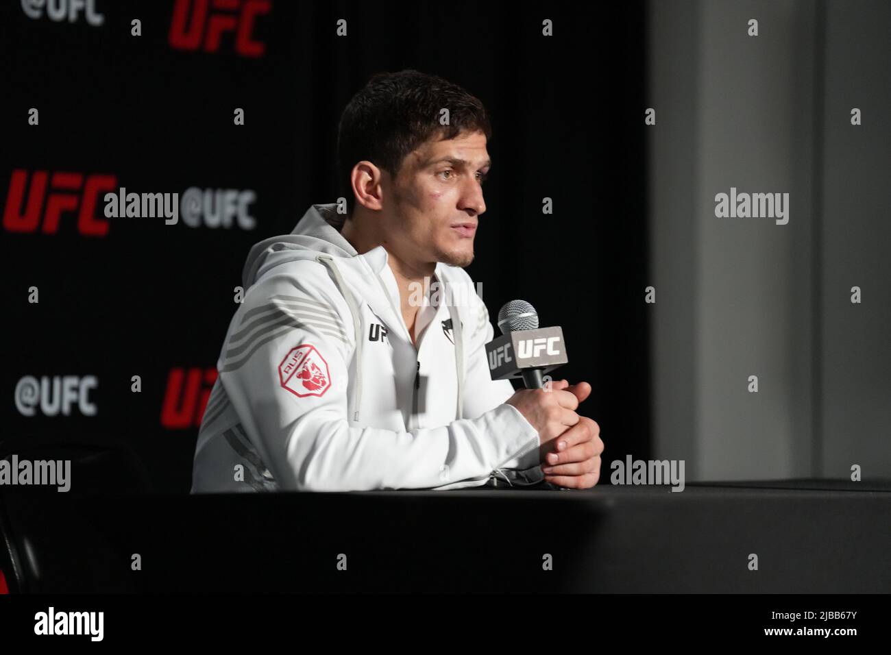 LAS VEGAS, NV - May 4: Movsar Evloev speaks with the press following ...