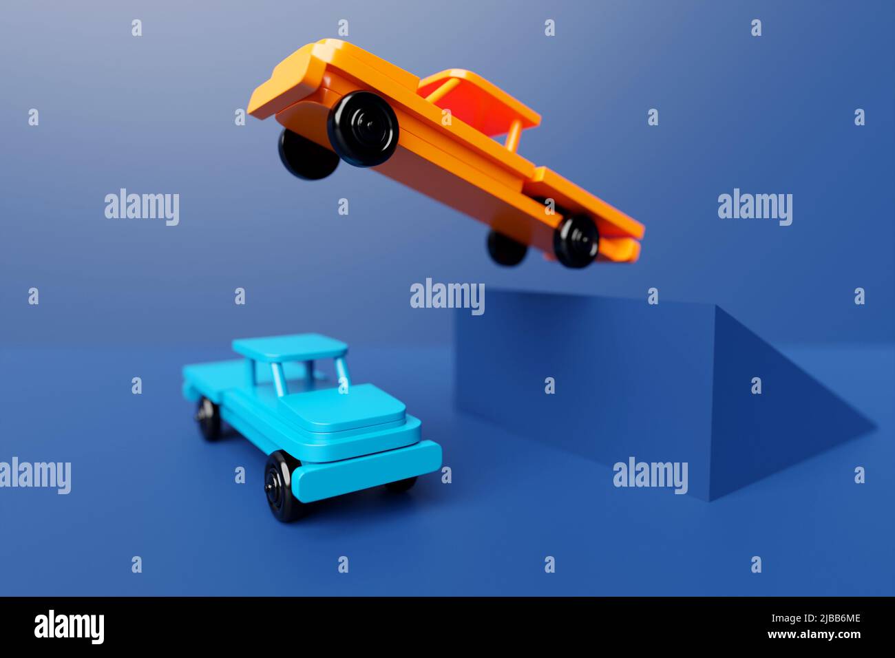 A wooden yellow pickup truck flies off the ramp and another blue pickup ...