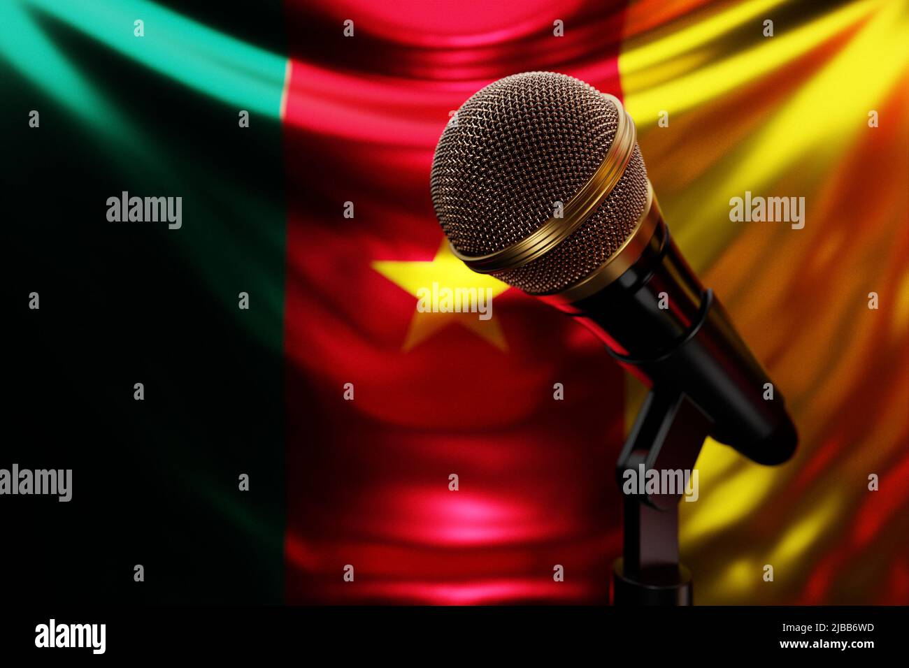 Microphone on the background of the National Flag of Cameroon ...