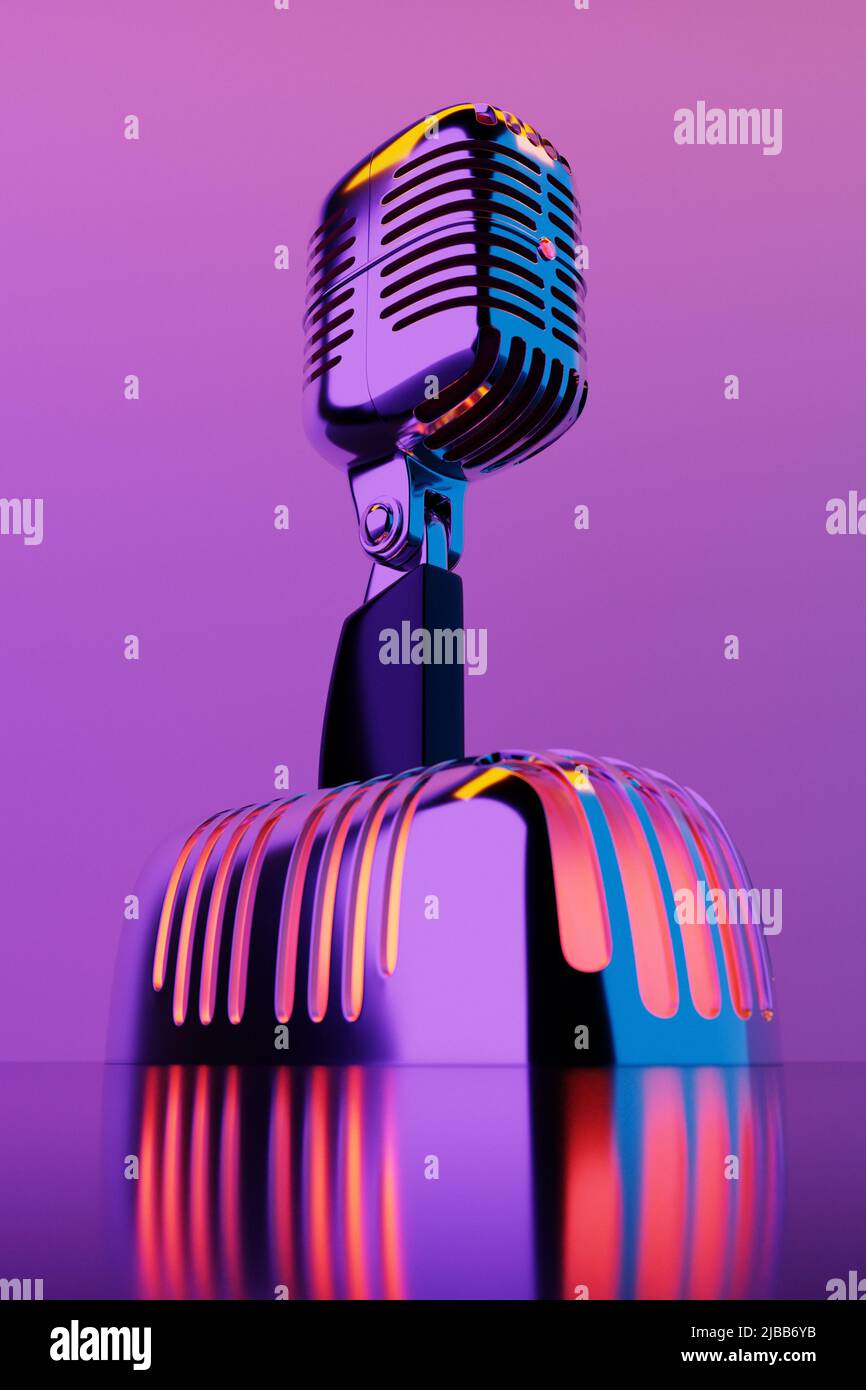 3d illustration, retro microphone on pink background. Music award ...