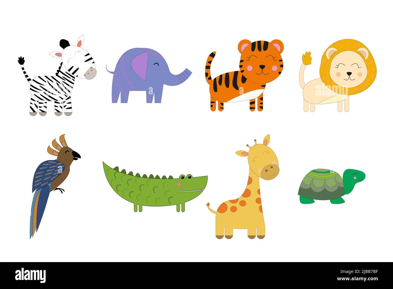 Cute cartoon African animals. Set of lion, elephant, crocodile, tiger ...