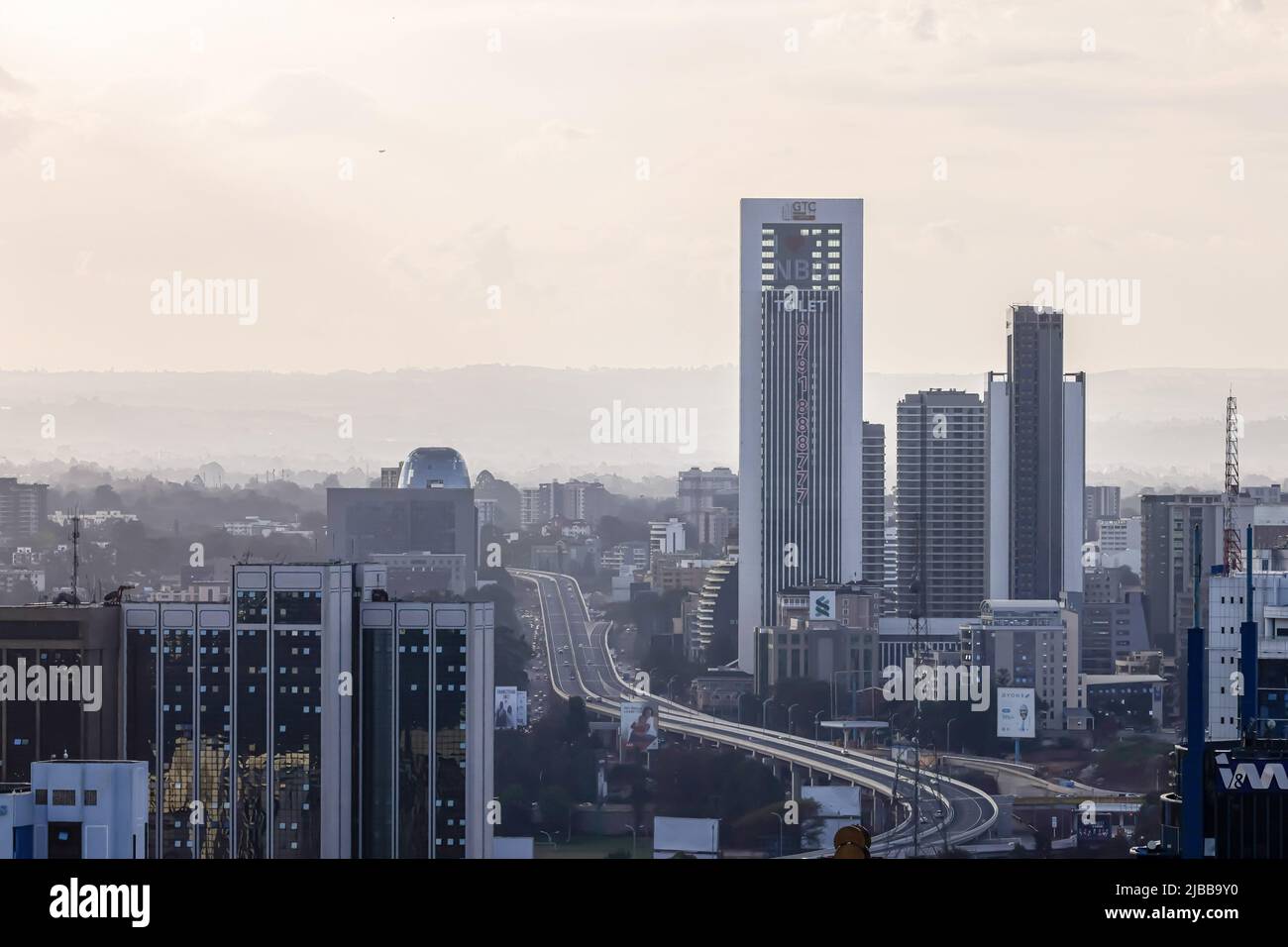 An aerial view of the modern Nairobi cityscape with the Nairobi express ...