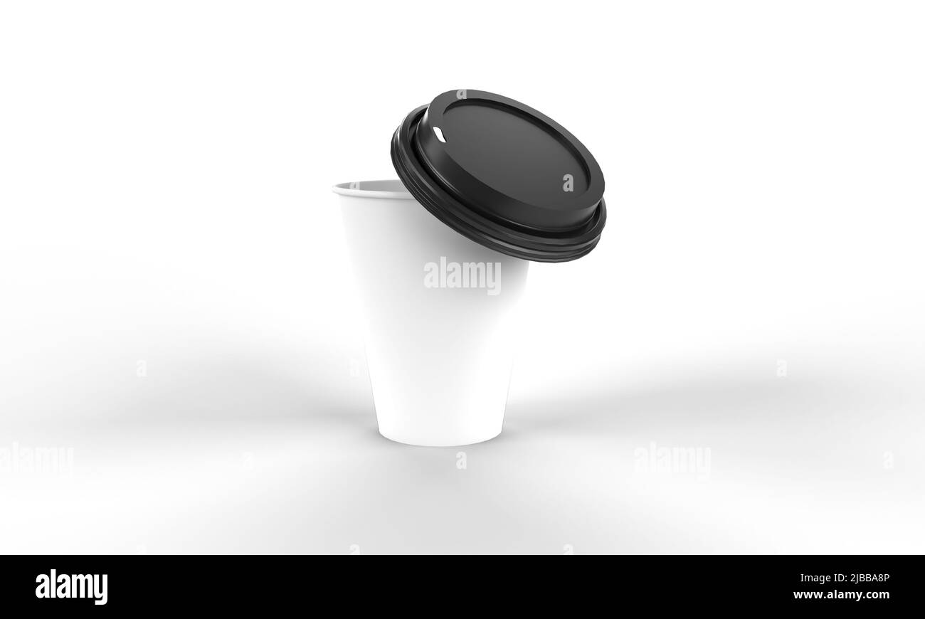 White recyclable paper cup with black lid coming off toward the front ...