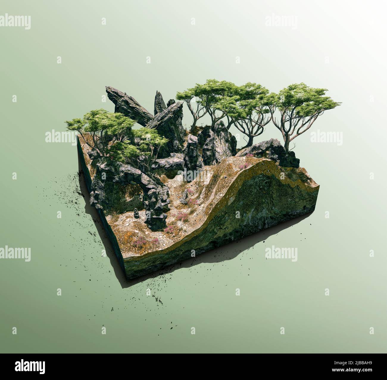 Rocks jungle cross section with earth land and green grass. Fantasy ...