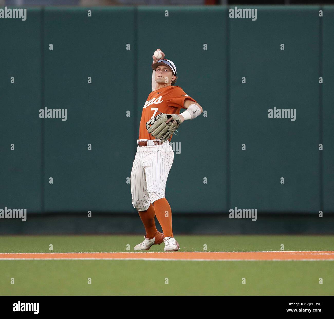 June 4, 2022: Texas outfielder Douglas Hodo (7) throws to second base ...