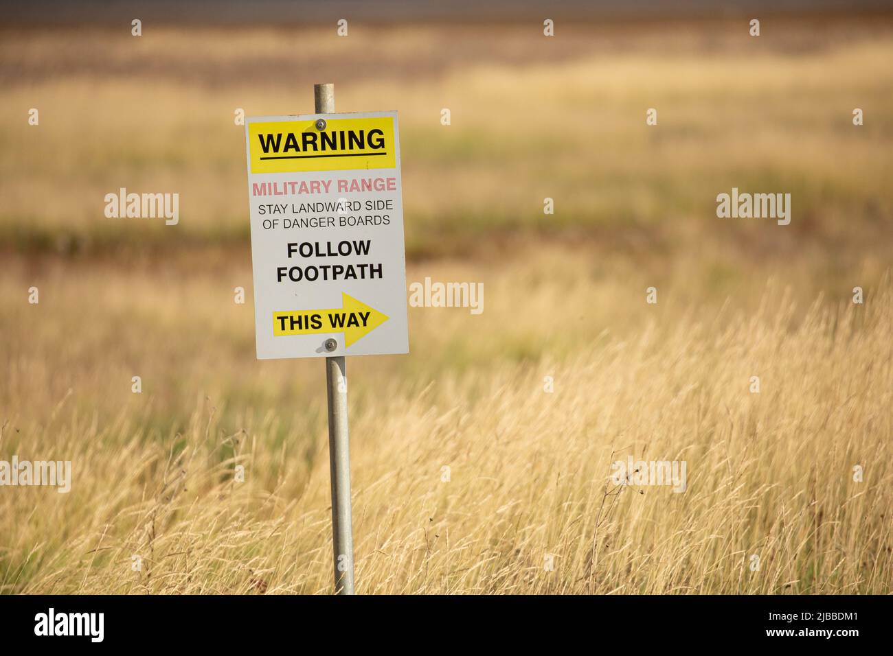 Warning, military range, follow footpath this way sign at military ...