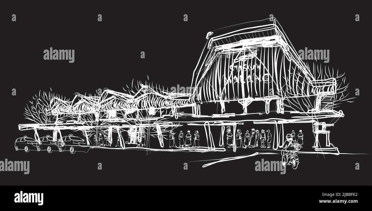 Freehand sketch of Malang city train station, East Java, Indonesia ...