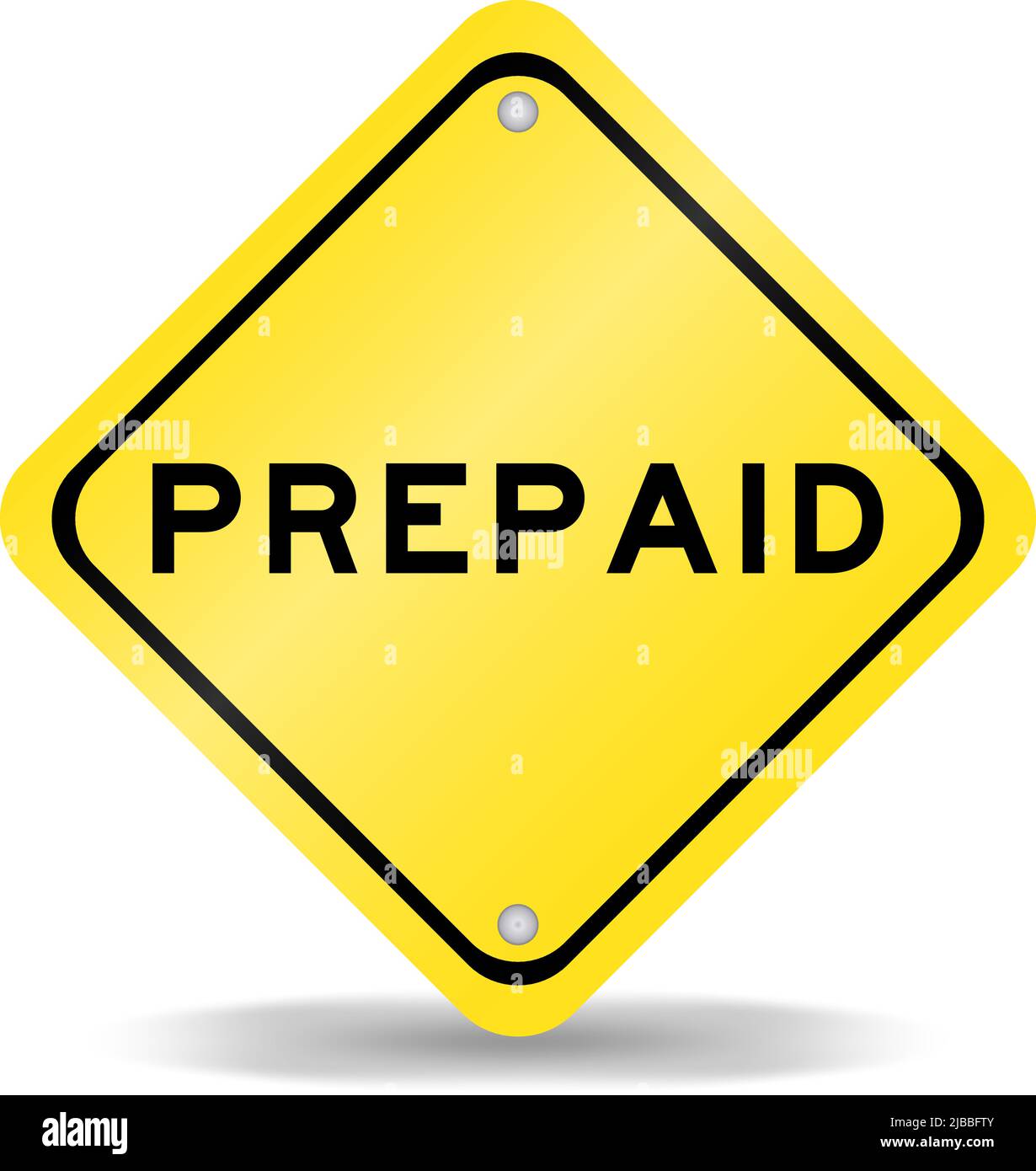 Yellow color transportation sign with word prepaid on white background ...