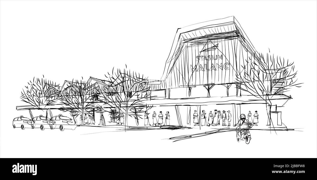 Freehand sketch of Malang city train station, East Java, Indonesia ...