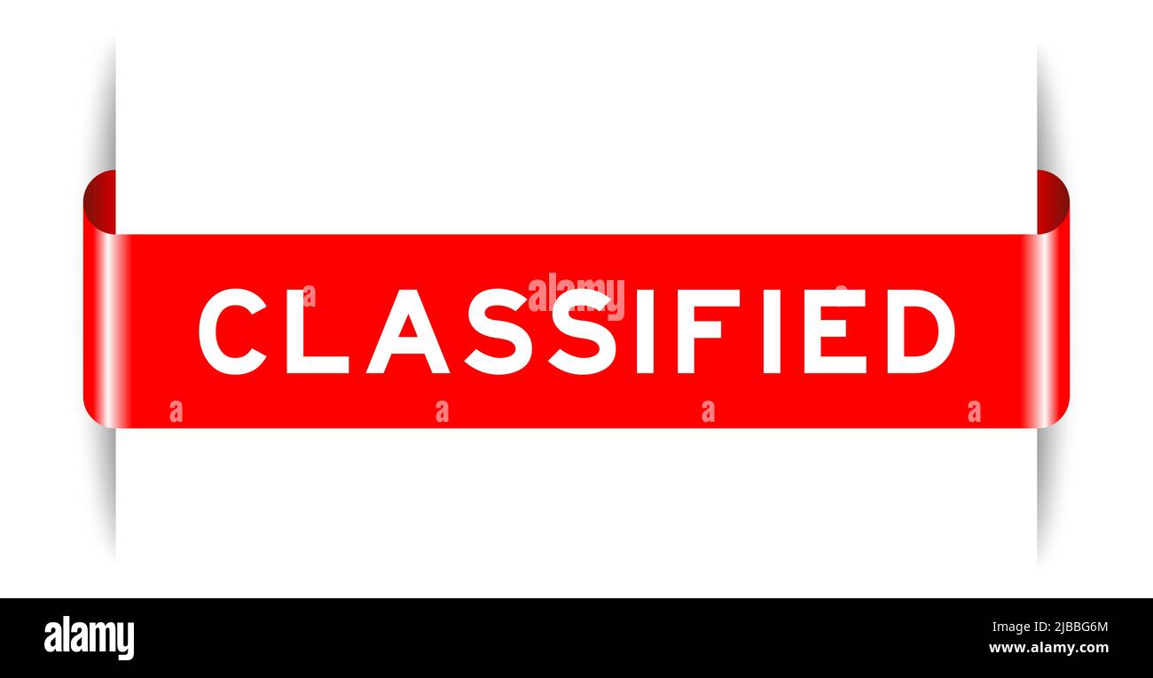 Red color inserted label banner with word classified on white ...