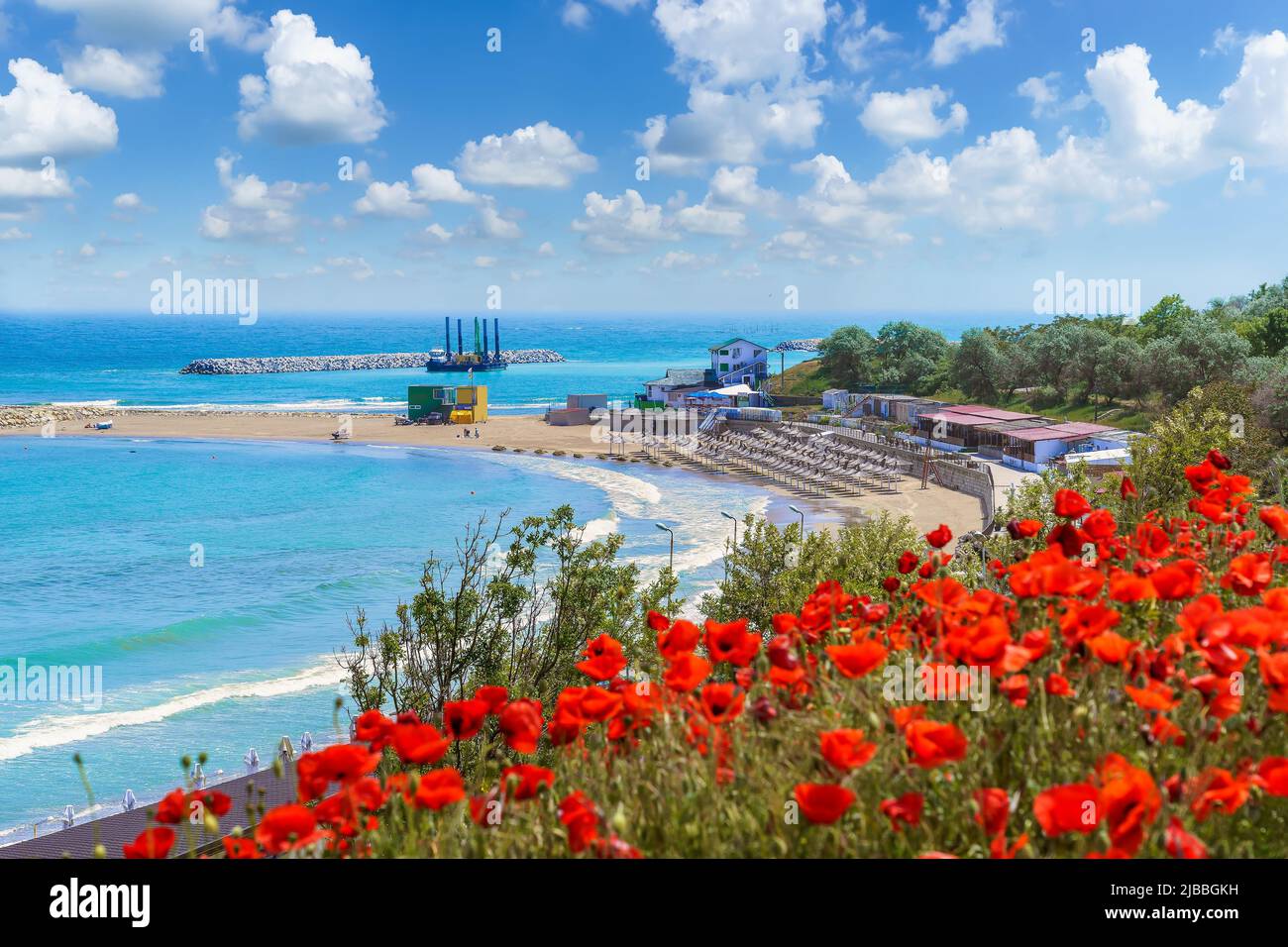 Landscape with Eforie Sud beach at Black Sea Coast, Romania Stock Photo ...