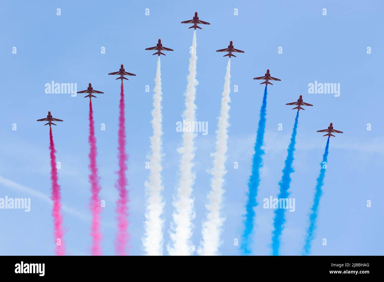 The red arrows display team perform a fly-past for Trooping the Colour ...