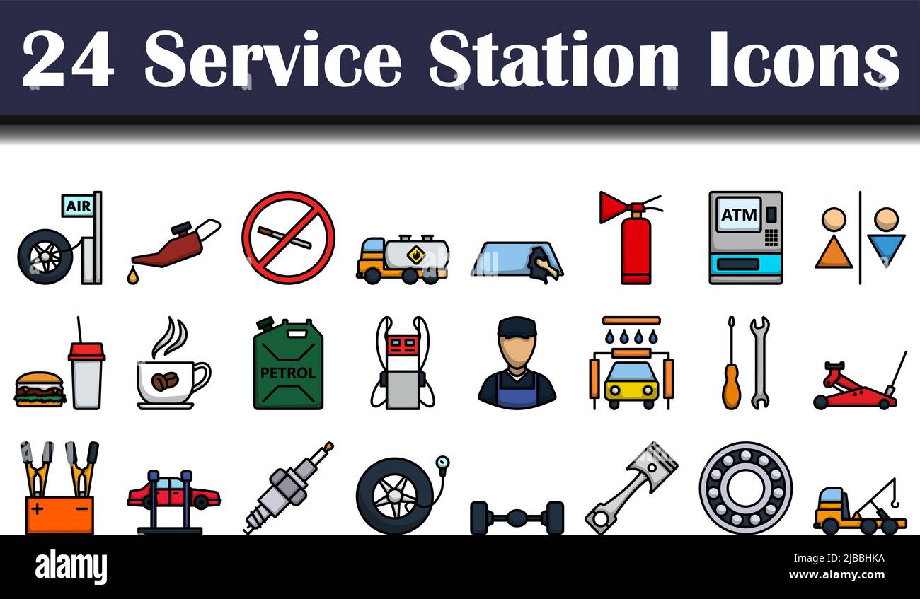 Service Station Icon Set. Editable Bold Outline With Color Fill Design ...