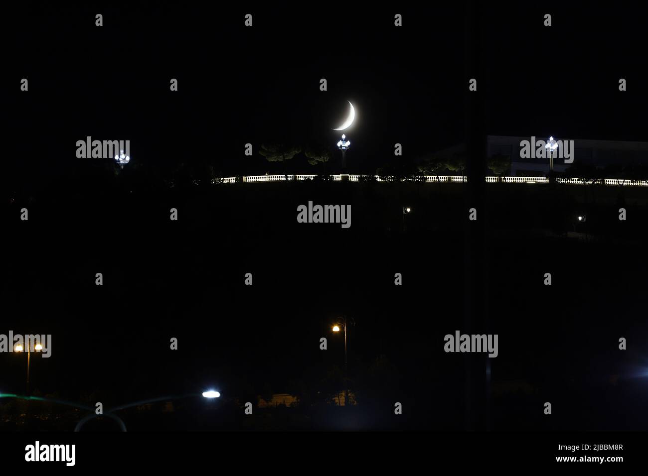 Beautiful moonset over the mountain park. Baku. Azerbaijan Stock Photo ...