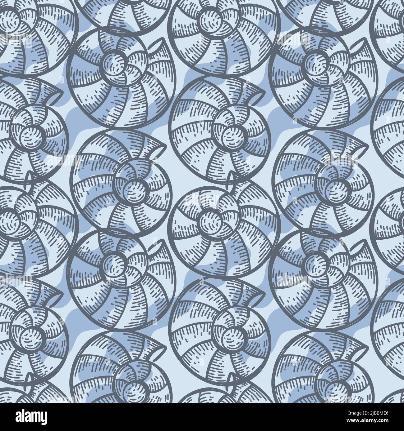 A seamless, hand-drawn drawing of sea creatures in sketch style. Shells ...