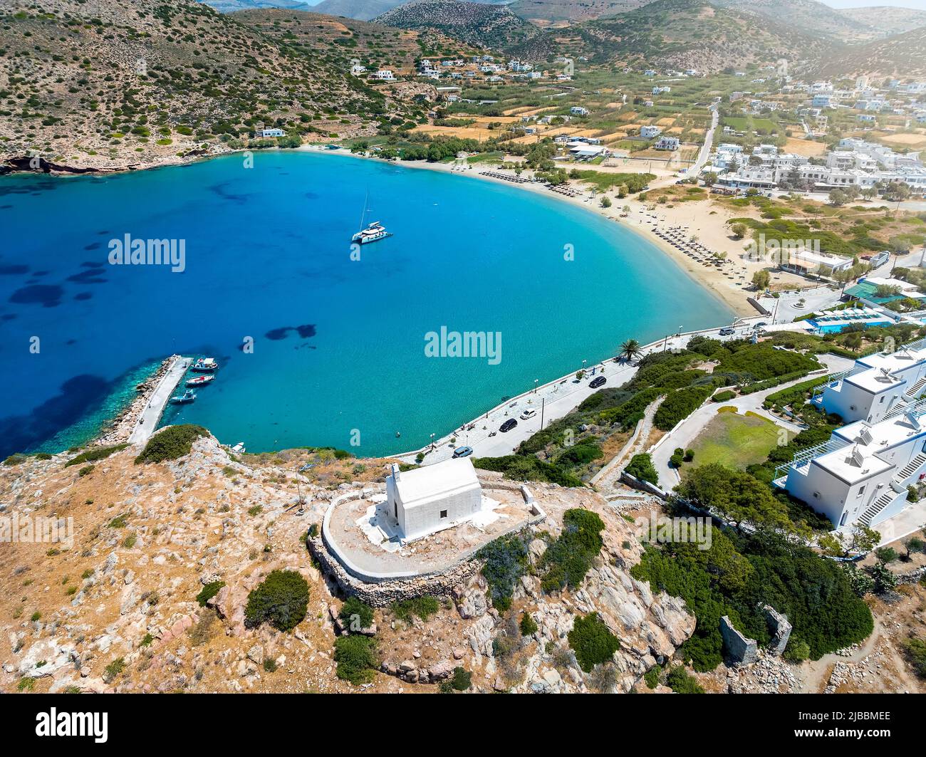 Aerial view of the beautiful Galissas beach at the west coast of Syros ...