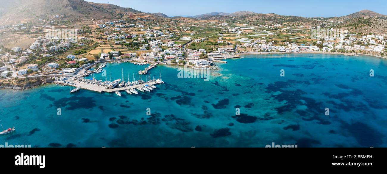 Panoramic aerial view of the beach and marina of Finikas, Syros Stock ...