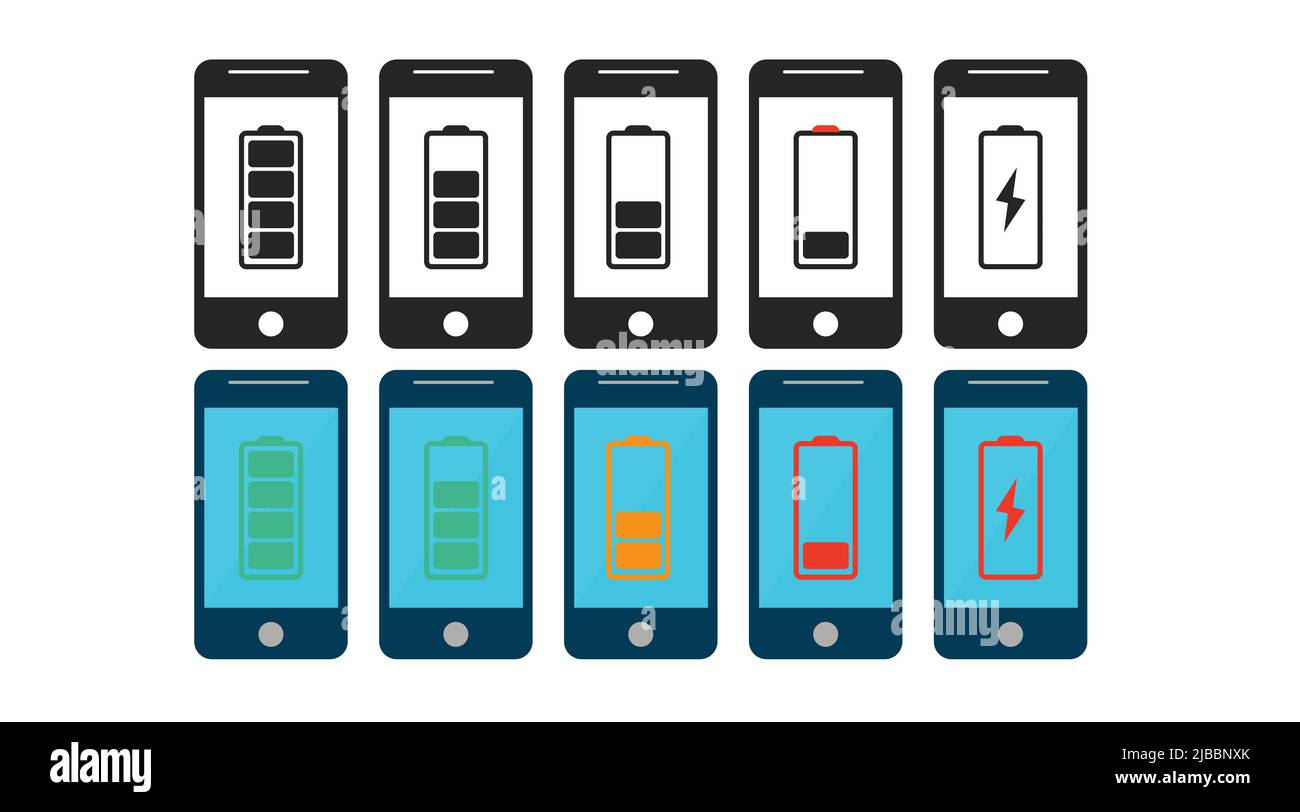 Smartphone battery icon set. Set of illustrations with smartphones with ...