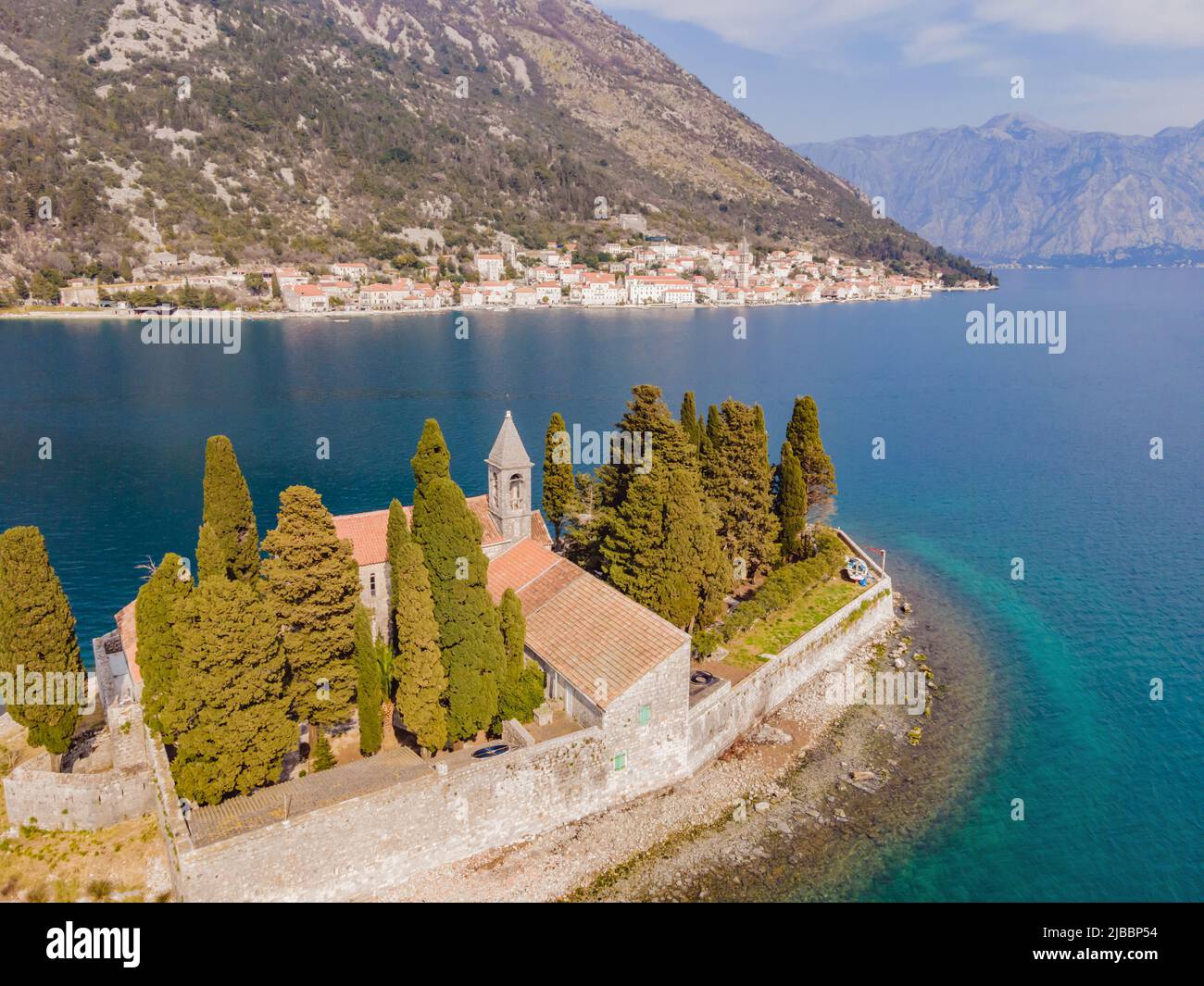 Aerophotography. View from flying drone. St George Island in the Bay of ...