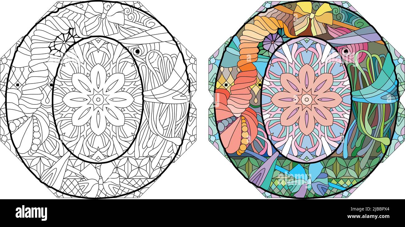 Letter O monogram, engraving design on mandala for coloring. Vector ...