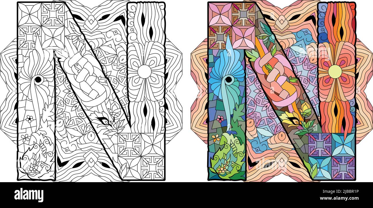 Letter N monogram, engraving design on mandala for coloring. Vector ...