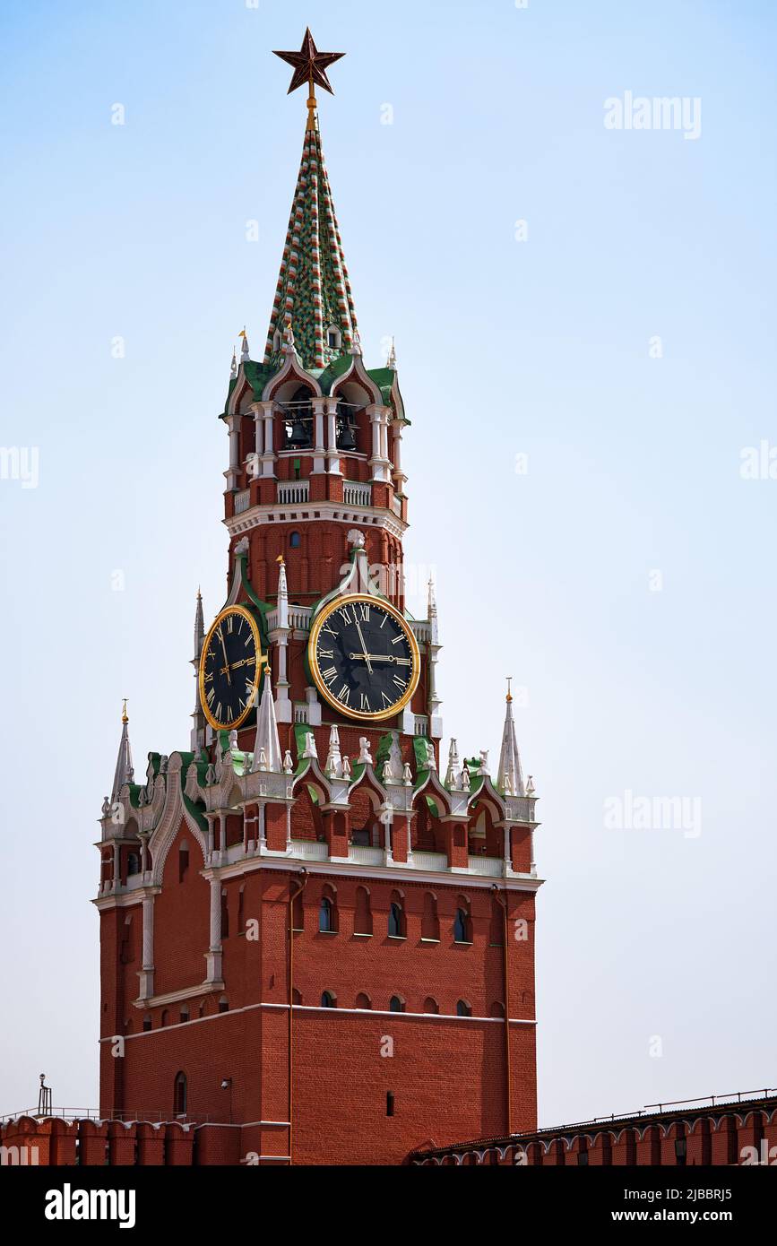 Spasskaya Tower of Moscow Kremlin. Famous chimes are the main clock of ...