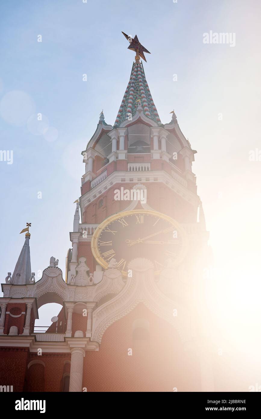 Spasskaya Tower of Moscow Kremlin. Famous chimes are the main clock of ...