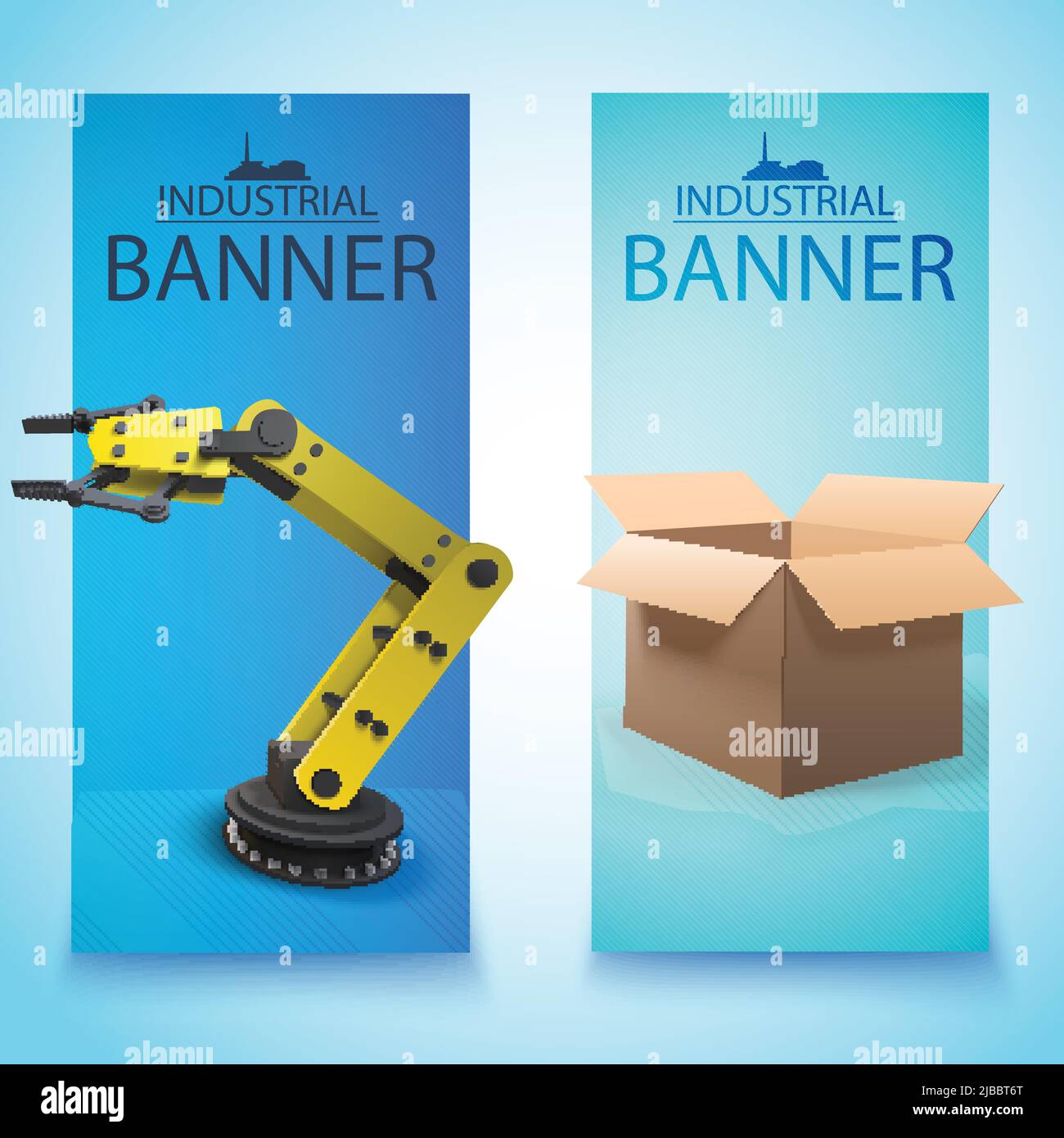 Two isolated industrial banner set with box at factory and yellow robot ...