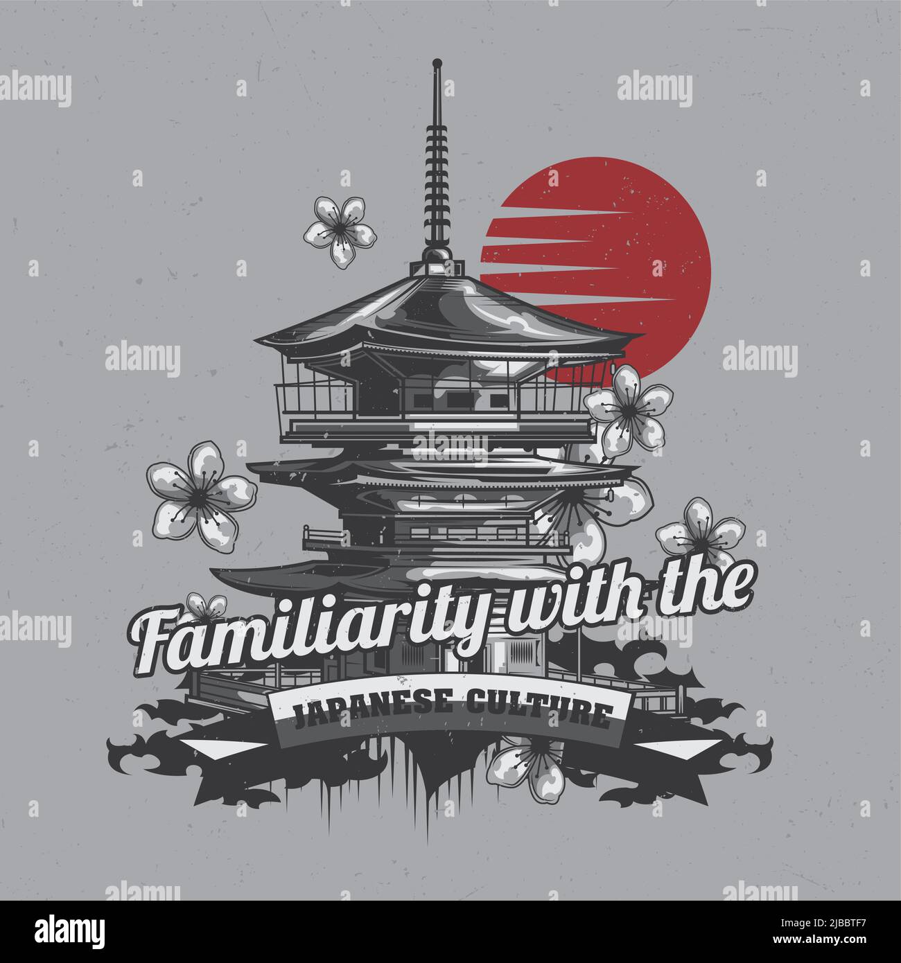 T-shirt label design with illustration of japanese temple Stock Vector ...