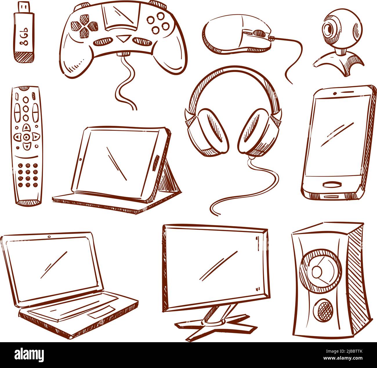Doodle computer gadgets vector set. Headphone and USB flash drive, web ...