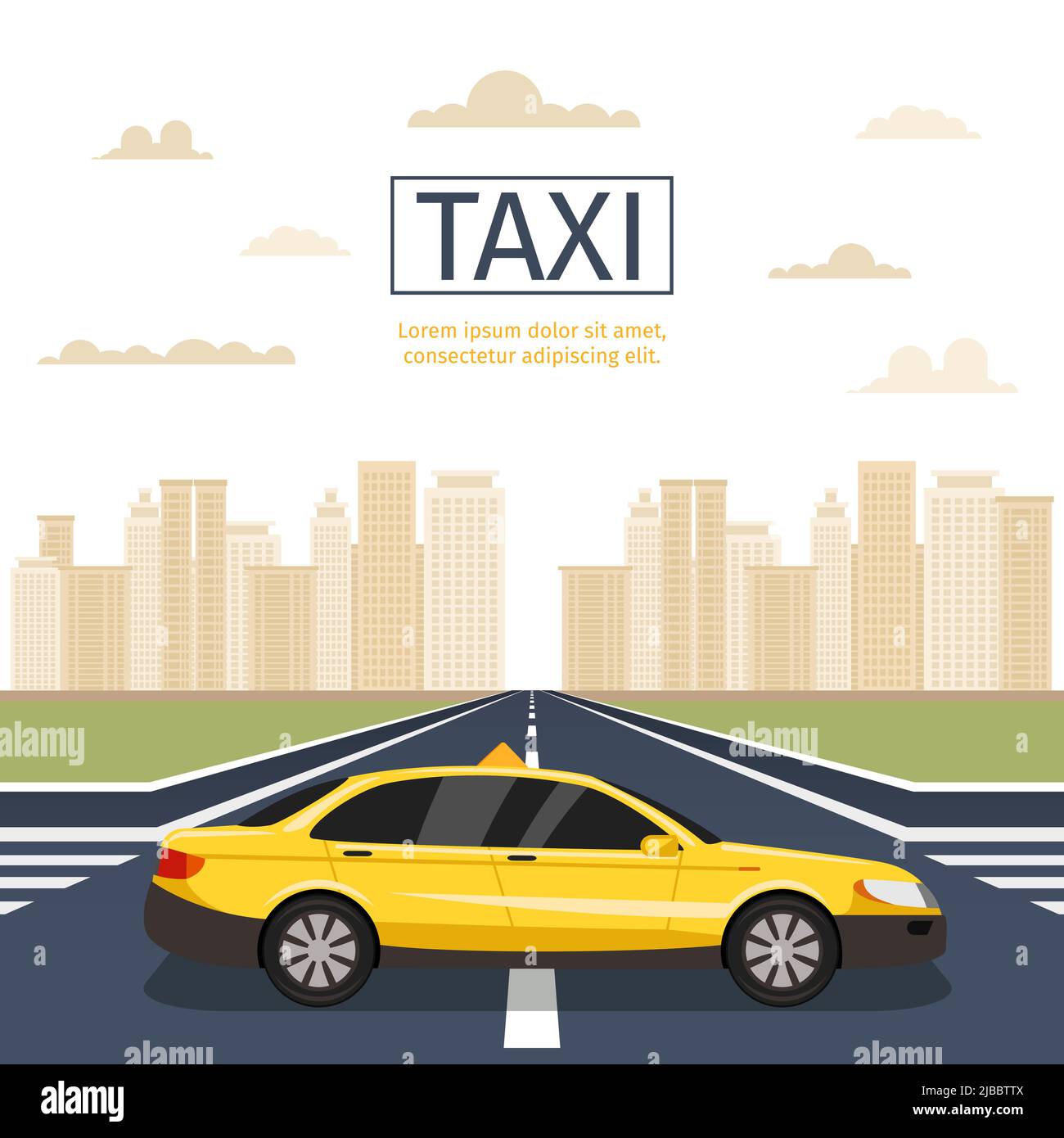 Urban taxi. Yellow cab on cityscape with clouds vector. City taxi on ...