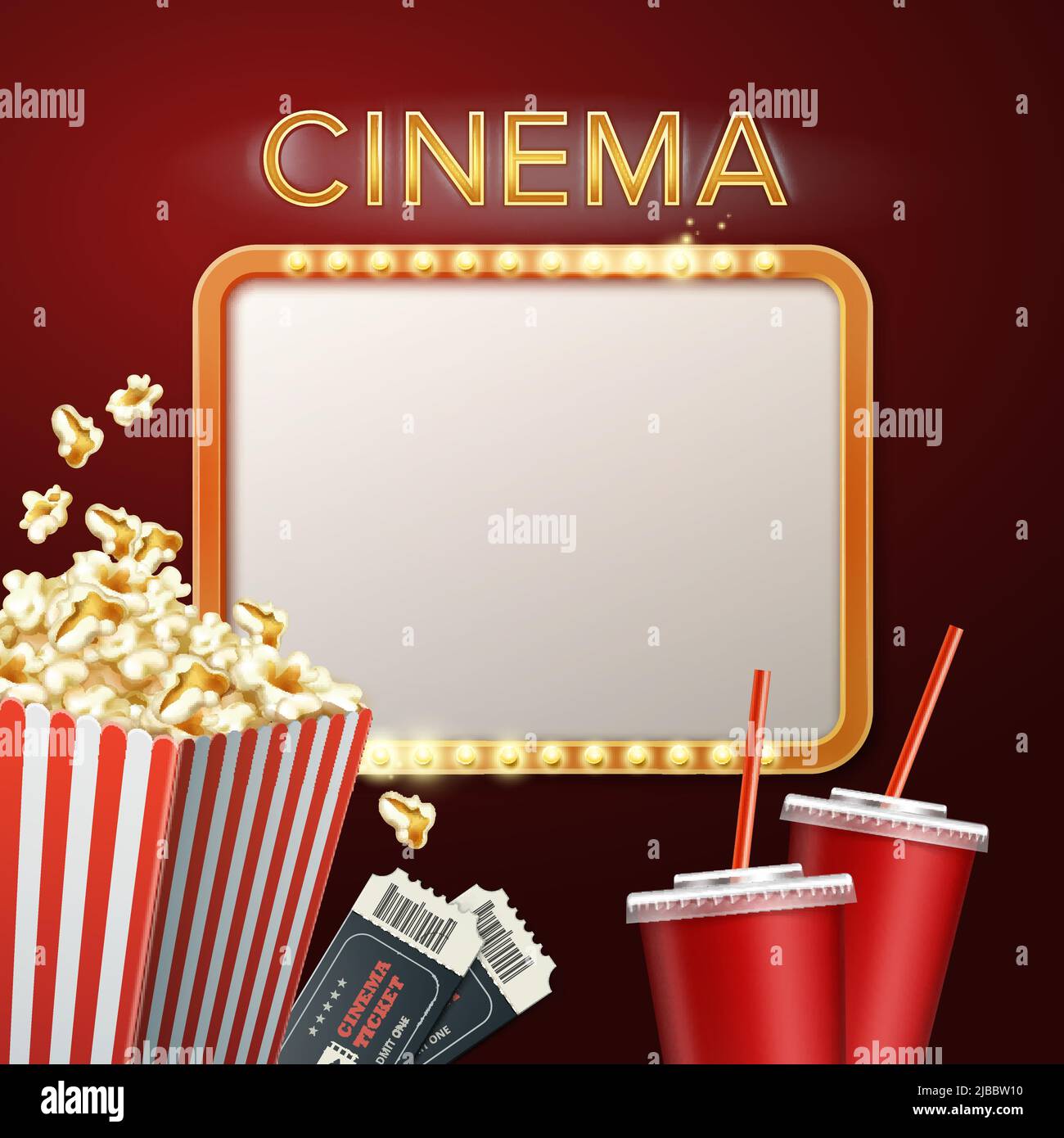 Vector golden illuminated cinema signboard with popcorn, tickets and ...