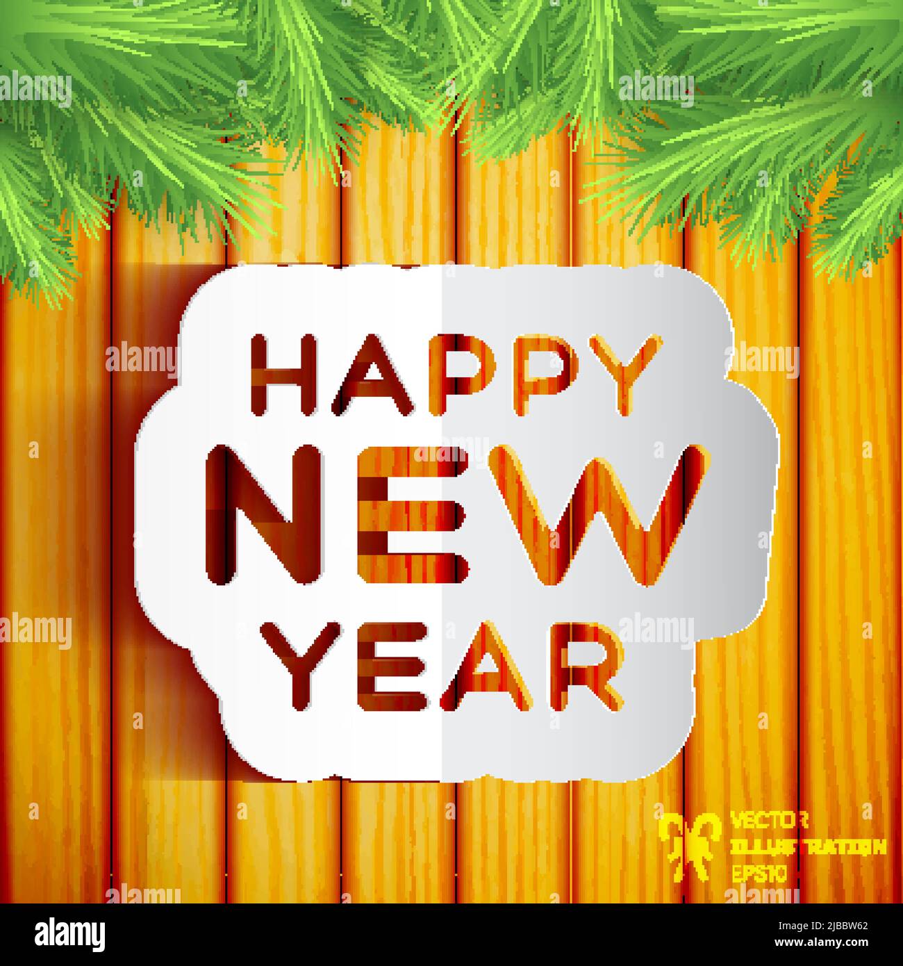 Happy new year letters on wooden wall decorated with fir tree branches ...