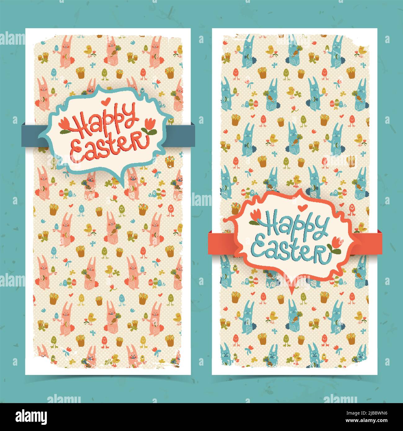 Vertical happy easter doodle banners with colorful cute rabbits and ...