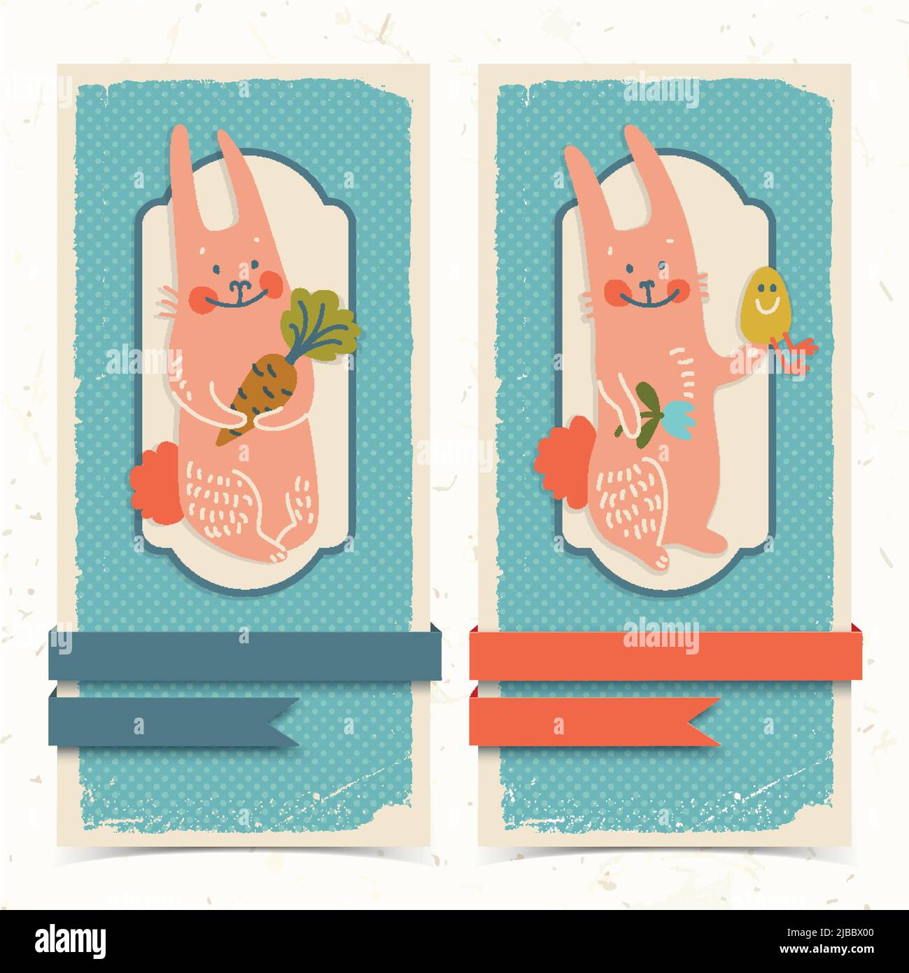 Doodle vertical textured banners with ribbons and happy easter rabbits ...
