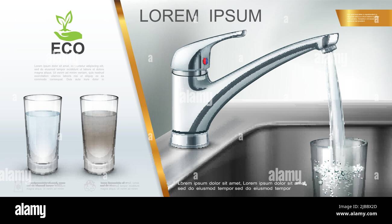 Realistic save water ecological template with water tap and glasses of ...