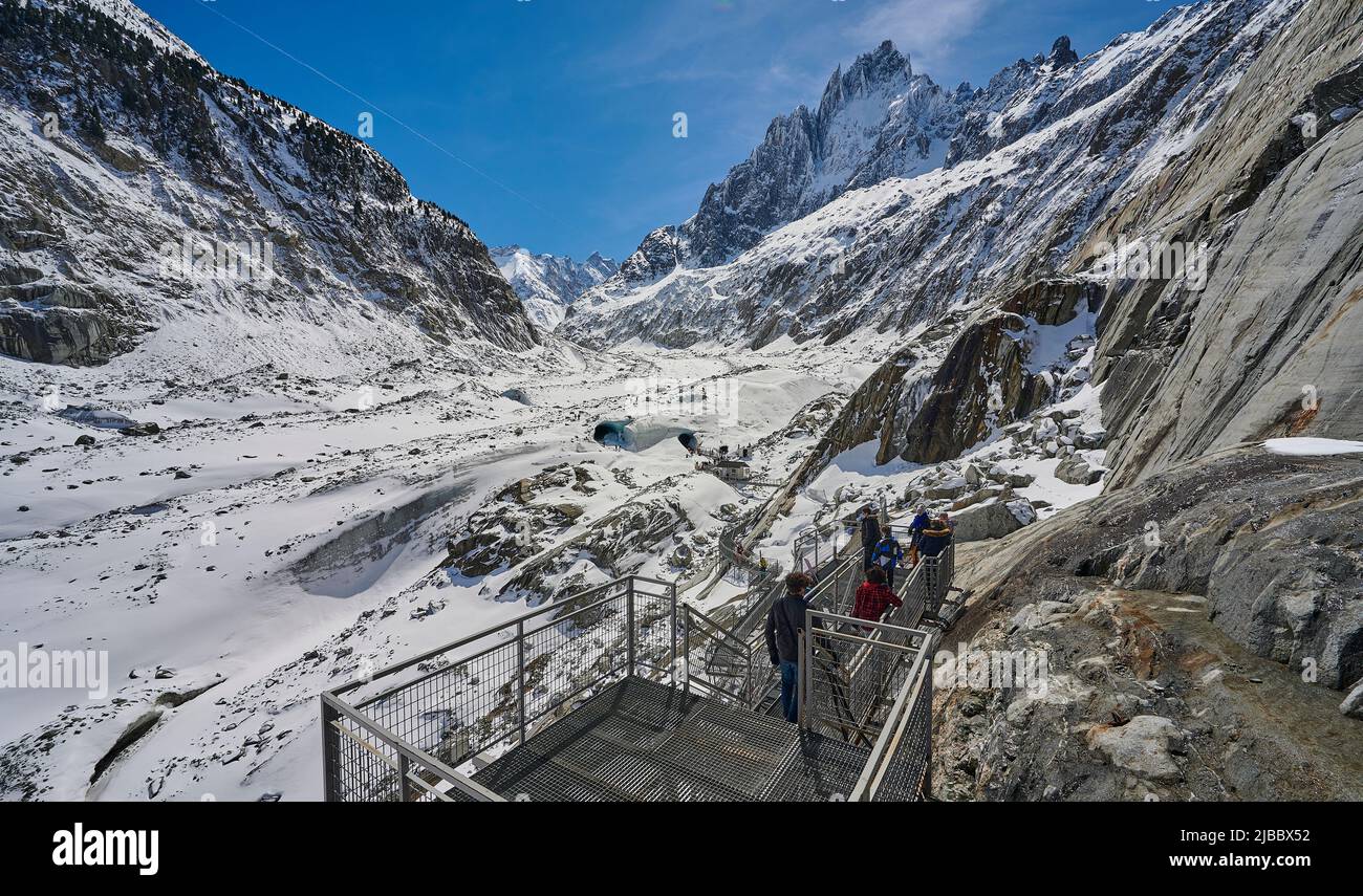 A pathway to the ice cave at Mer de Glace Glacier, Chamonix, France ...