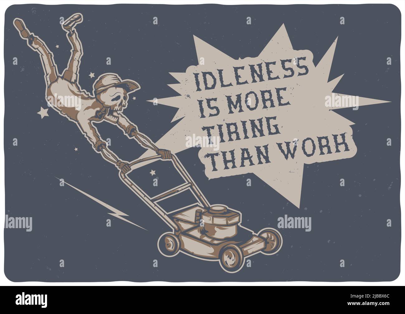 T-shirt or poster design with illustration of skeleton flying with lawn ...