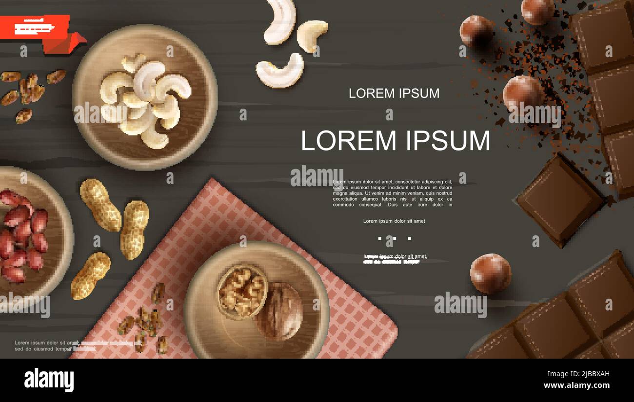 Realistic healthy nuts template with plates of cashew almond walnut ...
