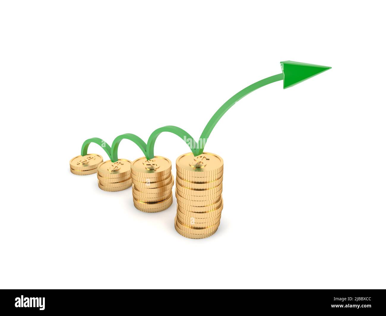 Stack of growth compound golden coins with green arrow. Money ...