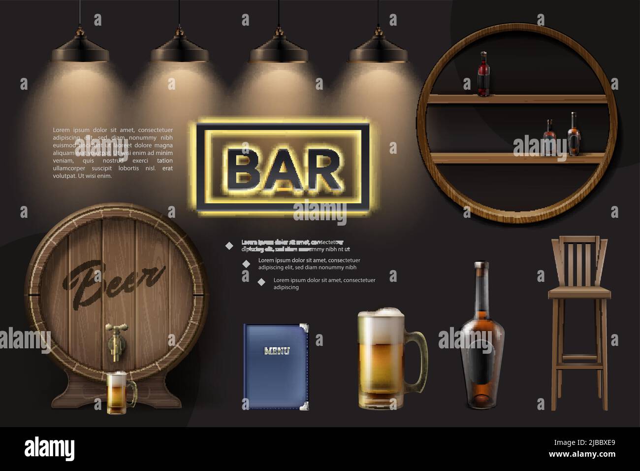 Realistic pub elements composition with wooden barrel beer glass chair ...