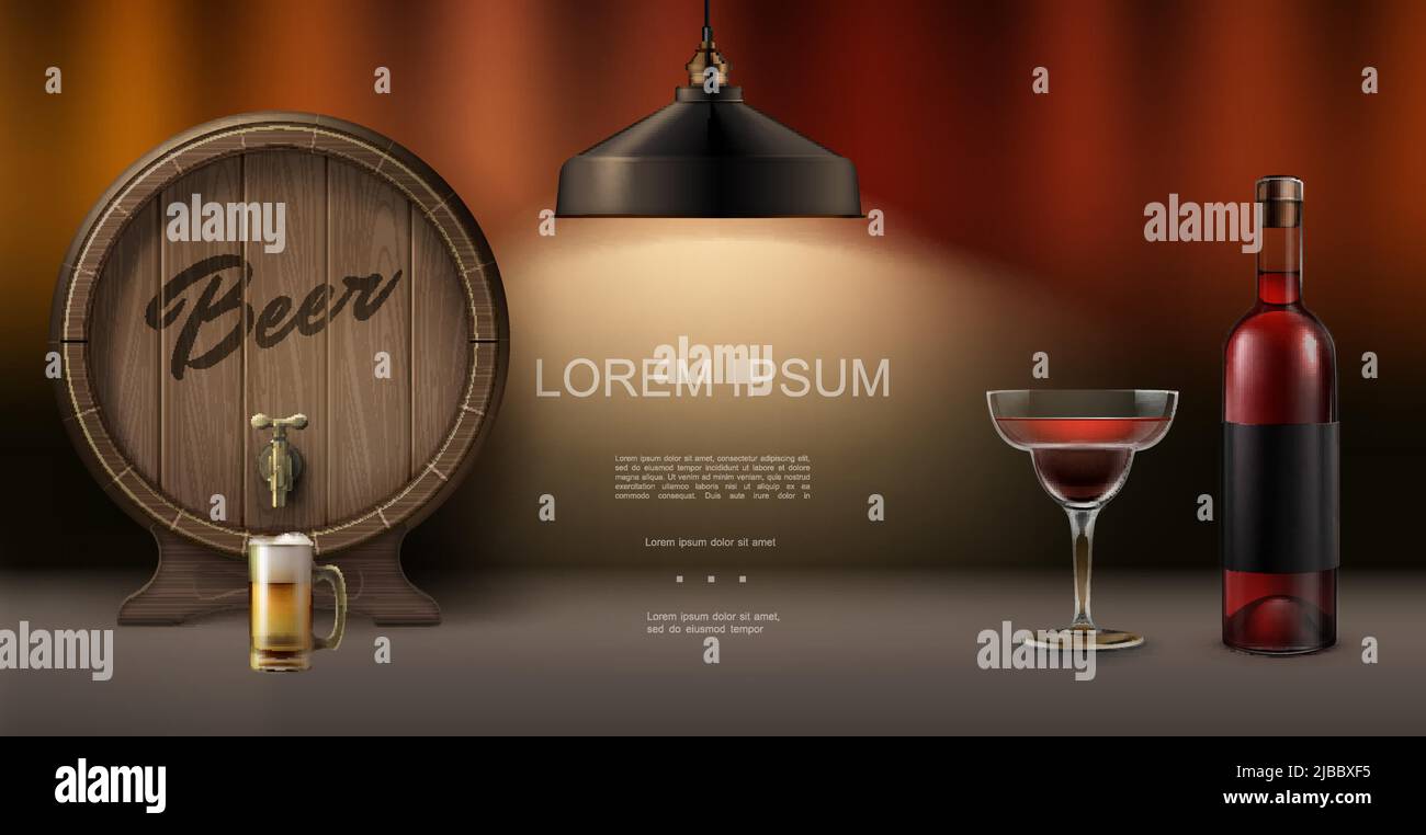 Realistic pub elements concept with wooden barrel of beer cocktail ...
