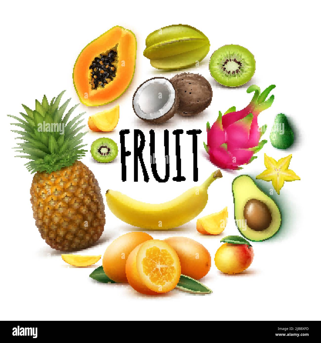 Realistic fresh exotic fruits round concept with banana pineapple ...