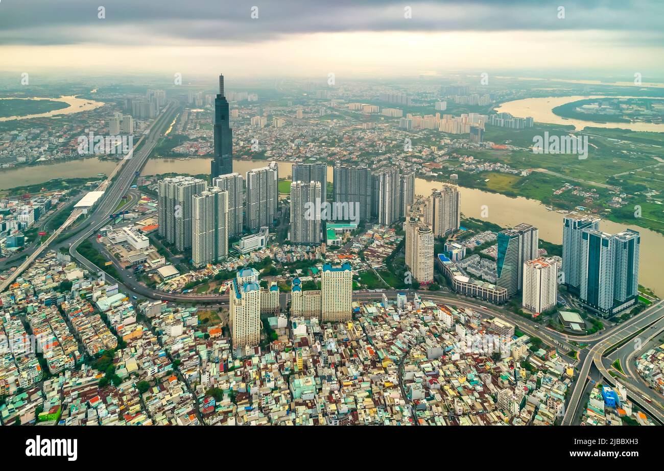 Aerial view of City skyline and skyscrapers in center of heart business ...