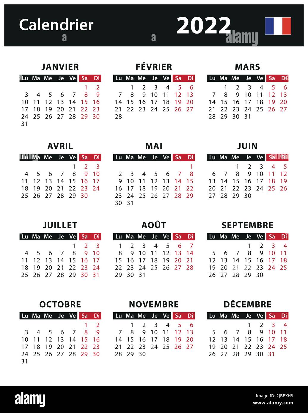 2022 Calendar - vector stock illustration. France, French version ...