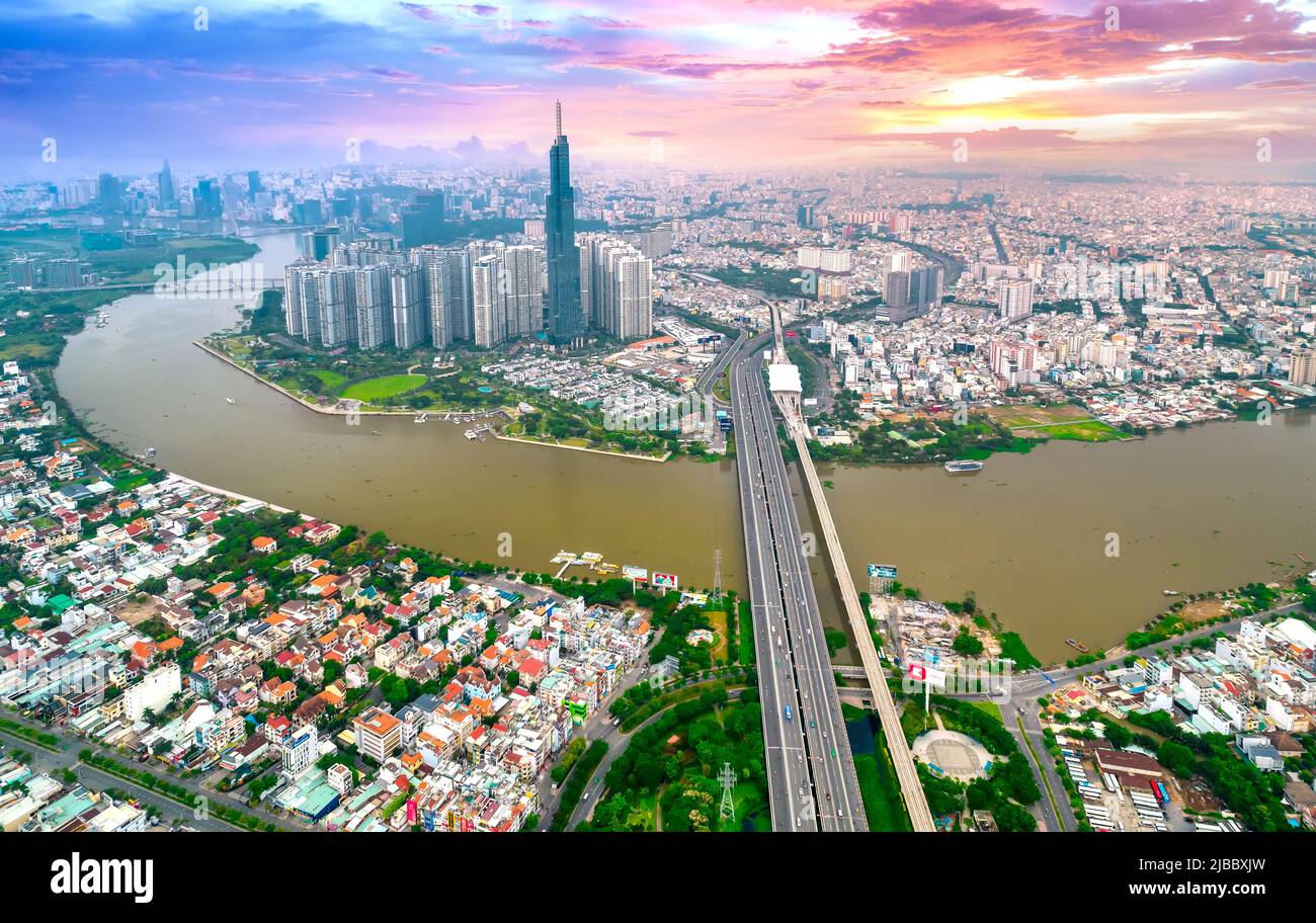 Top view aerial of center Ho Chi Minh City at sunset scene with ...